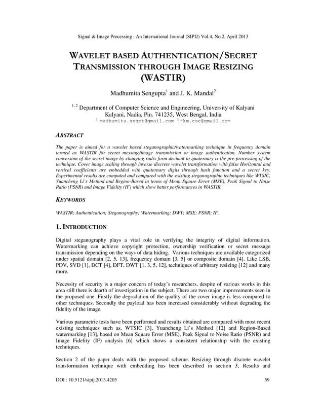 WAVELET BASED AUTHENTICATION/SECRET TRANSMISSION THROUGH IMAGE RESIZING (WASTIR) | PDF