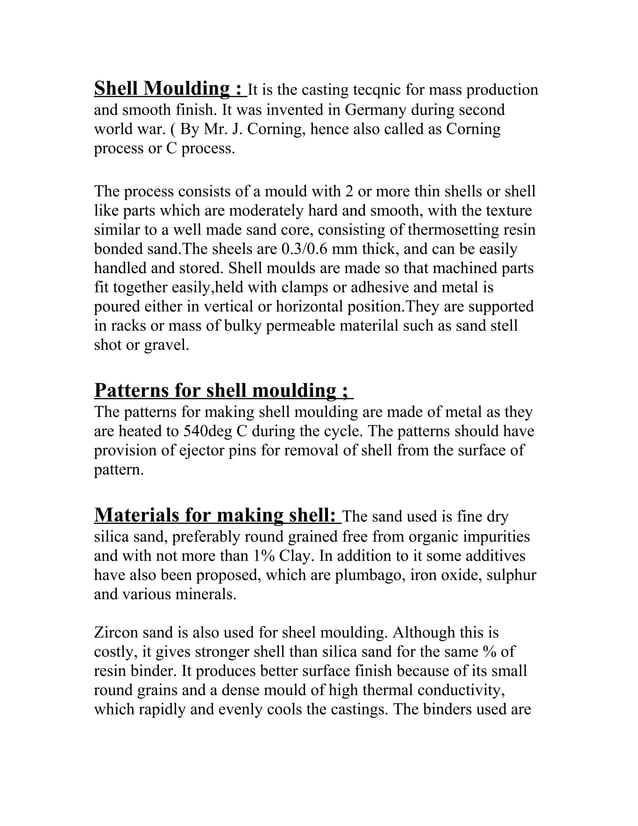 IIIE SECTION A MANUFACTURING TECHNOLOGY NOTES 5.shell moulding. | DOC ...