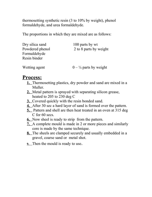 IIIE SECTION A MANUFACTURING TECHNOLOGY NOTES 5.shell moulding. | DOC ...