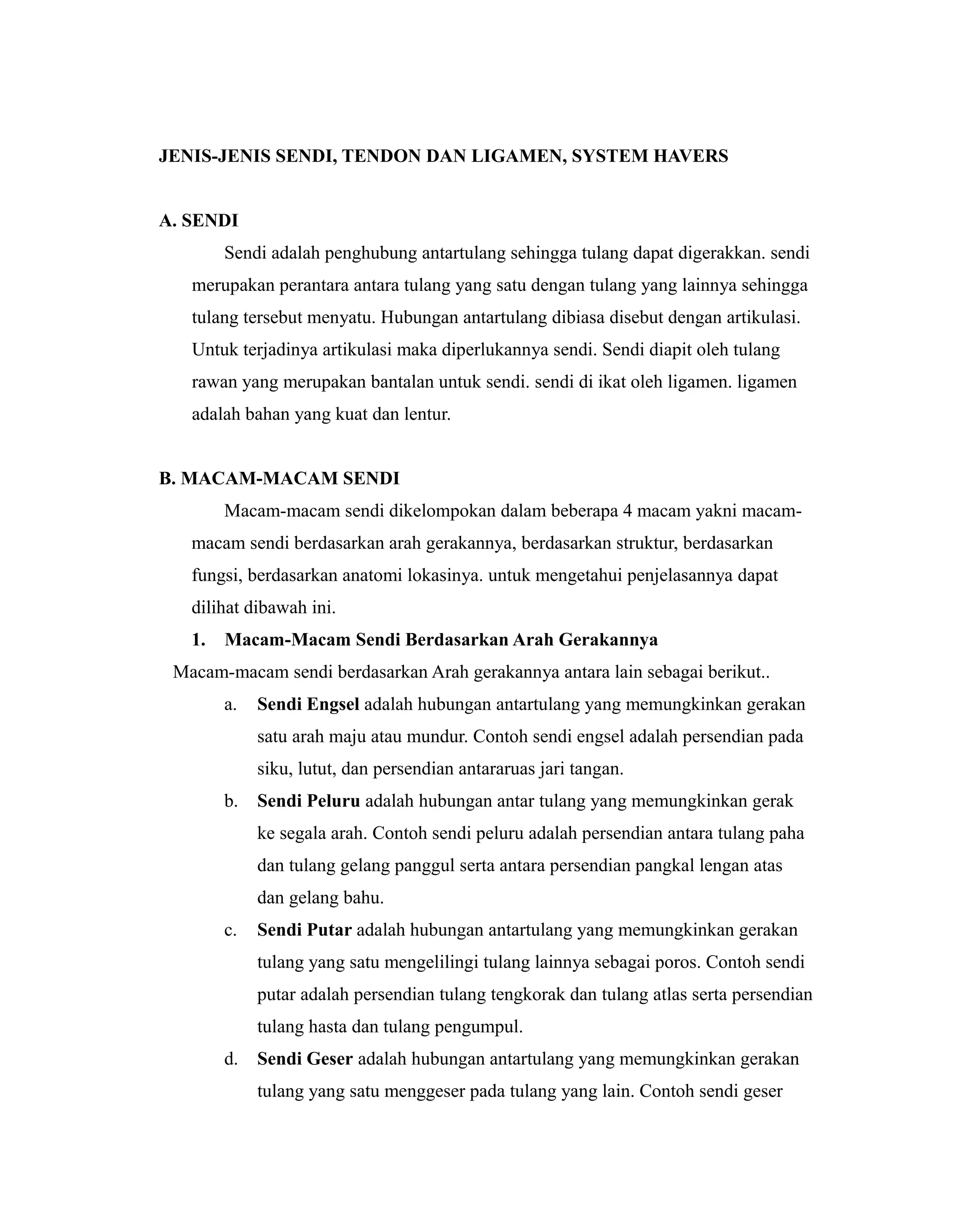 Jenis sendi, tendon, dan ligamen sistem haver | DOC