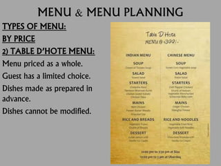 Menu, its types and menu planning | PPTX
