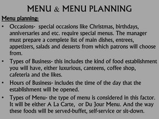 Menu, its types and menu planning | PPTX