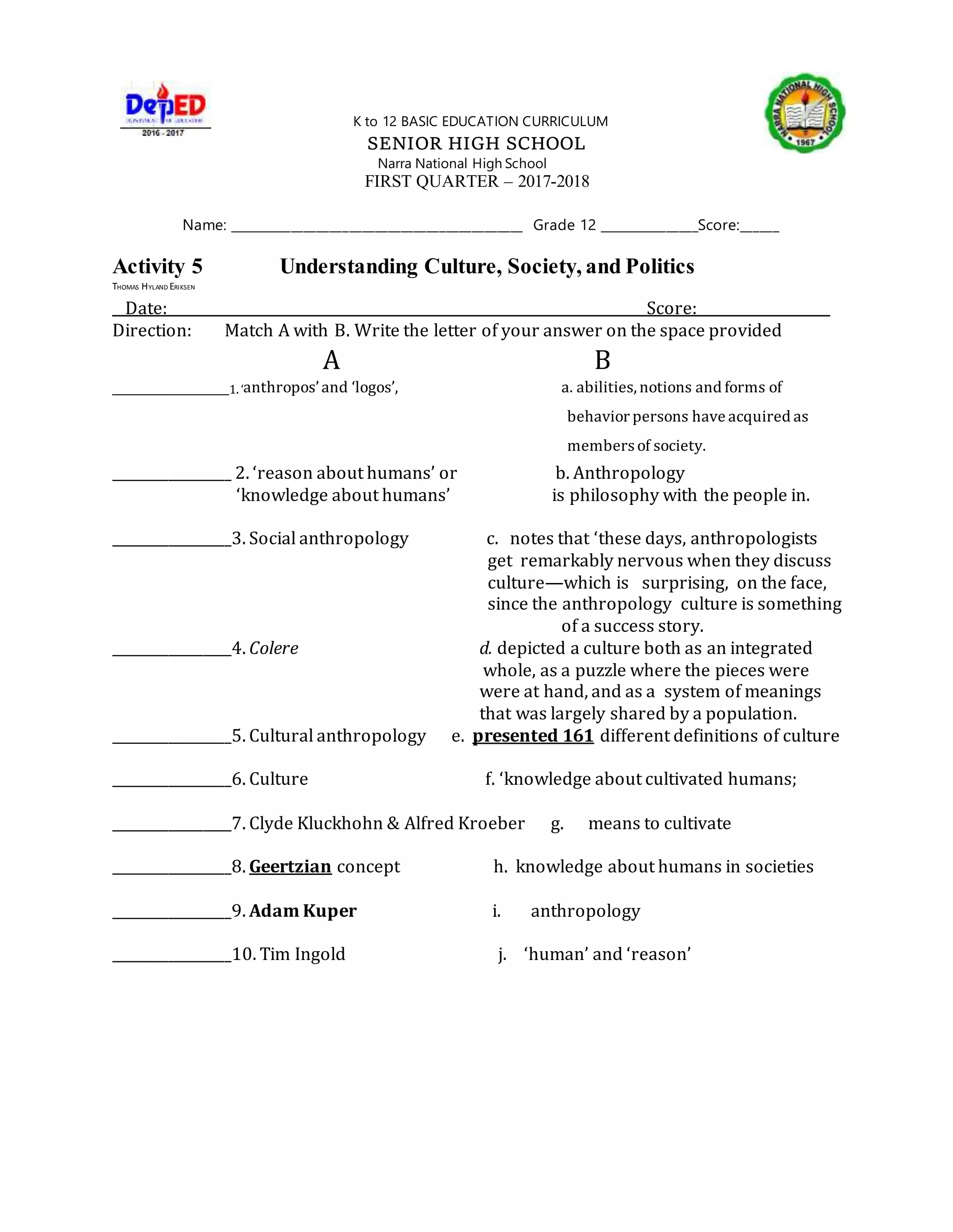 5 understanding Culture, Society & Politics ACTIVITY SHEETS | DOCX