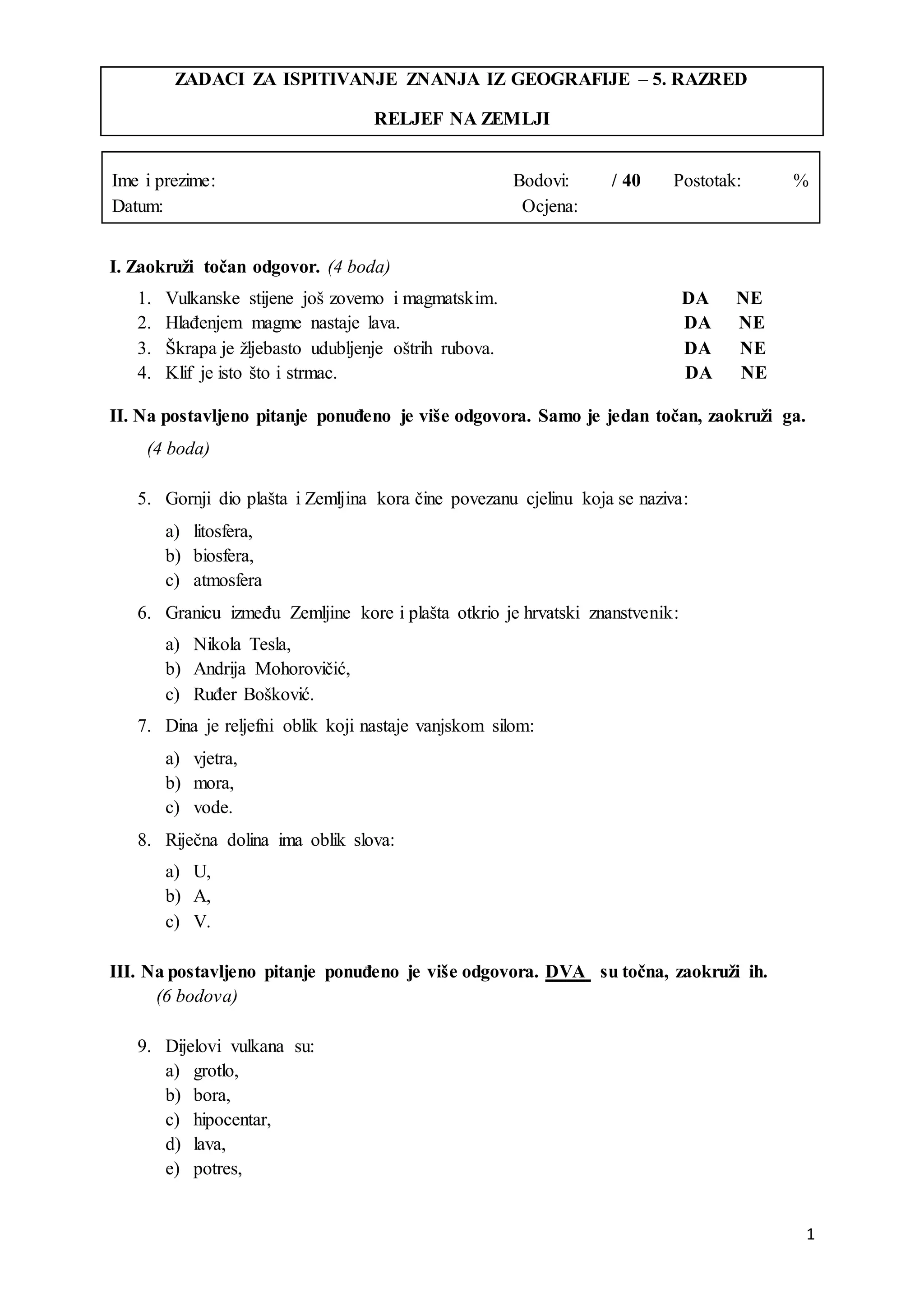 Test 5.razred RELJEF NA ZEMLJI | DOCX
