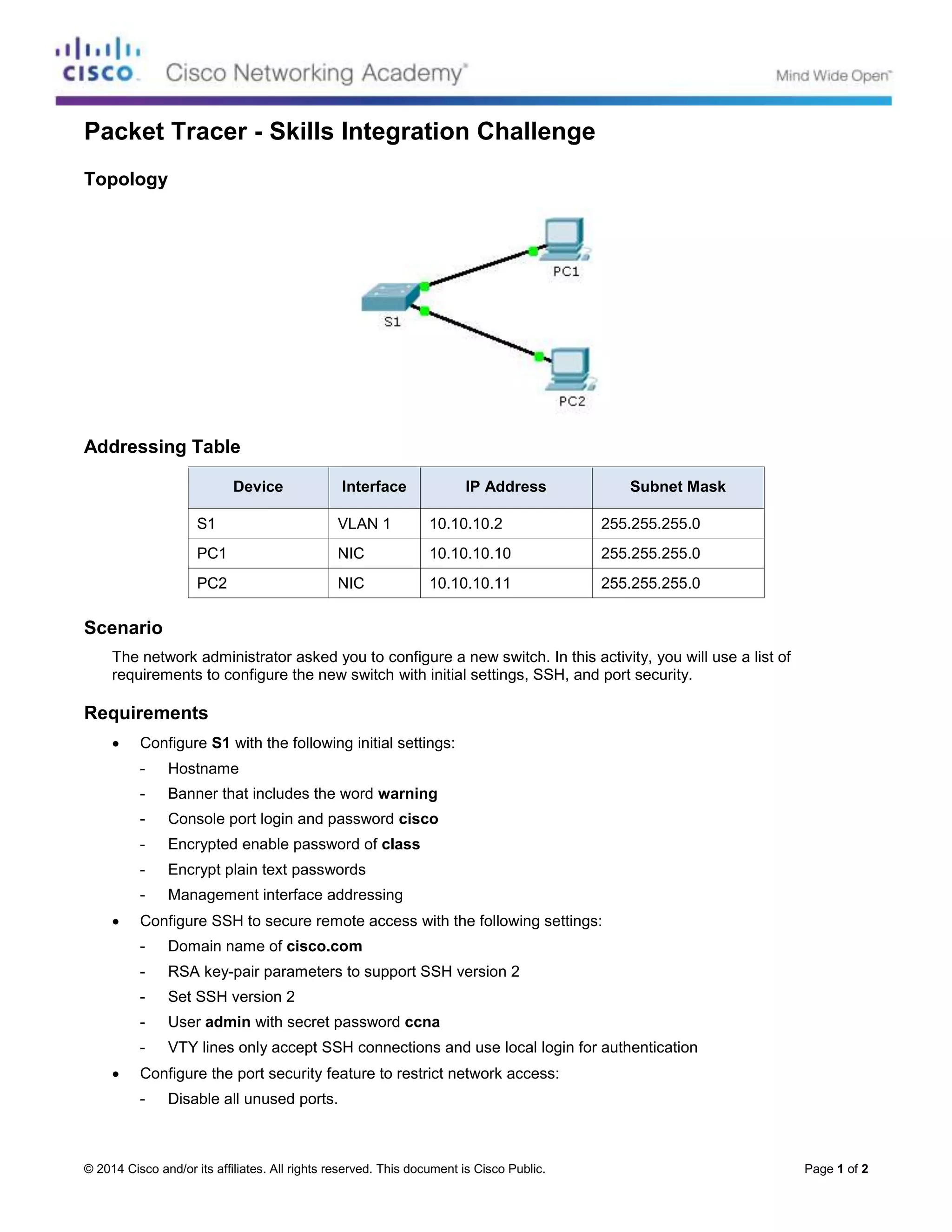5.3.1.2 packet tracer skills integration challenge instructions | PDF