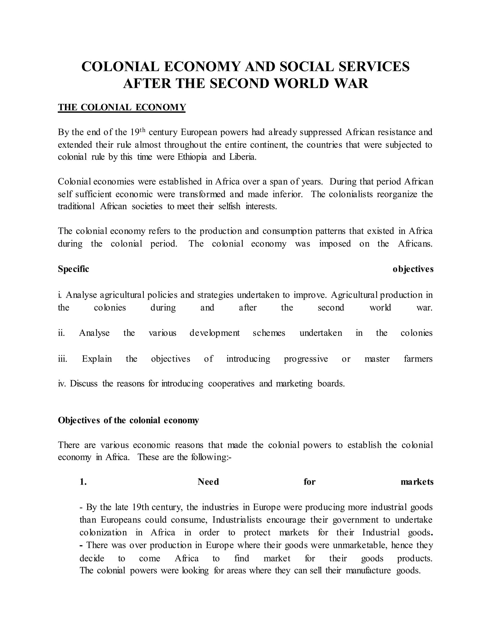 COLONIAL ECONOMY AND SOCIAL SERVICES AFTER THE SECOND WORLD WAR | DOCX