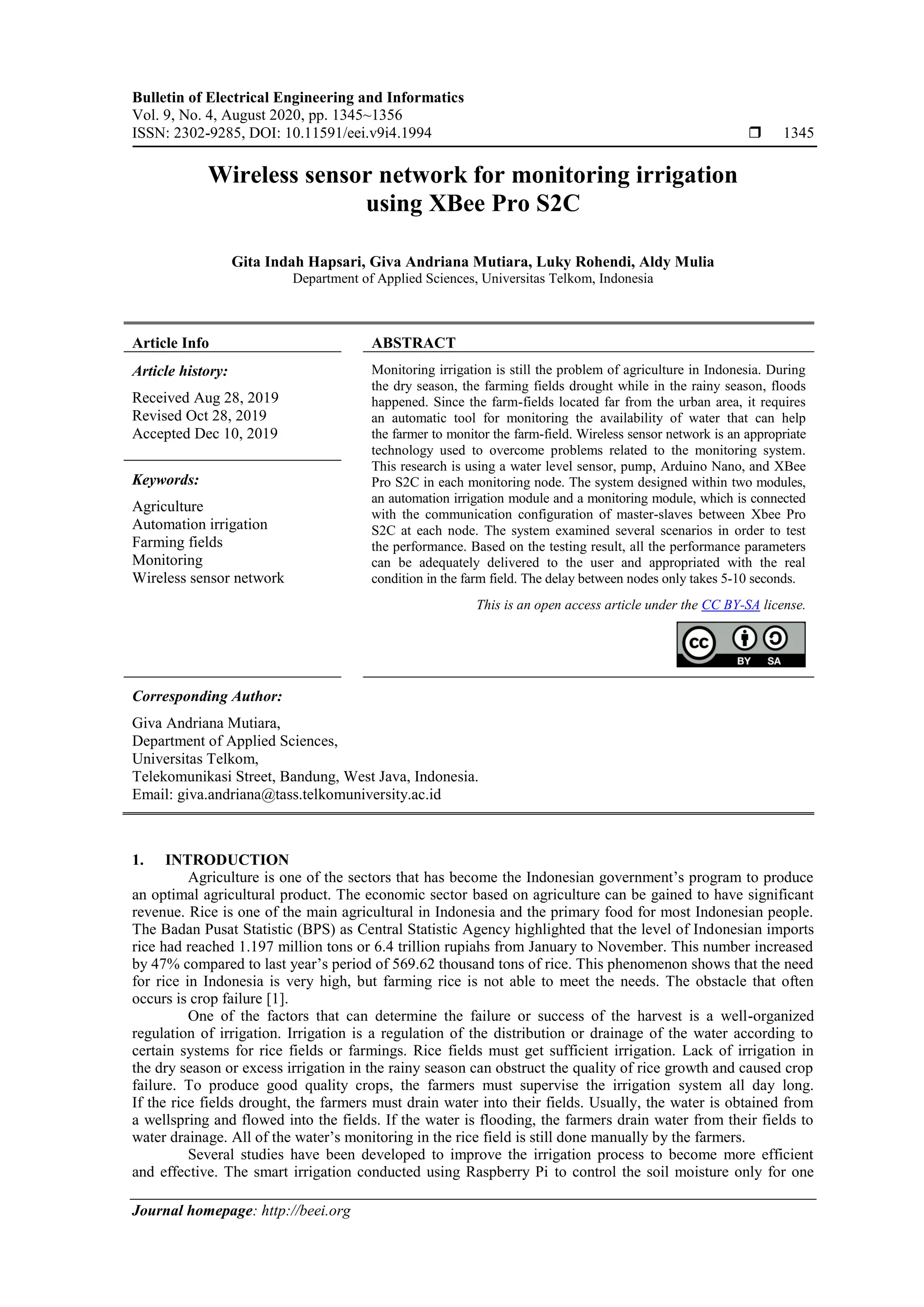 Wireless sensor network for monitoring irrigation using XBee Pro S2C | PDF