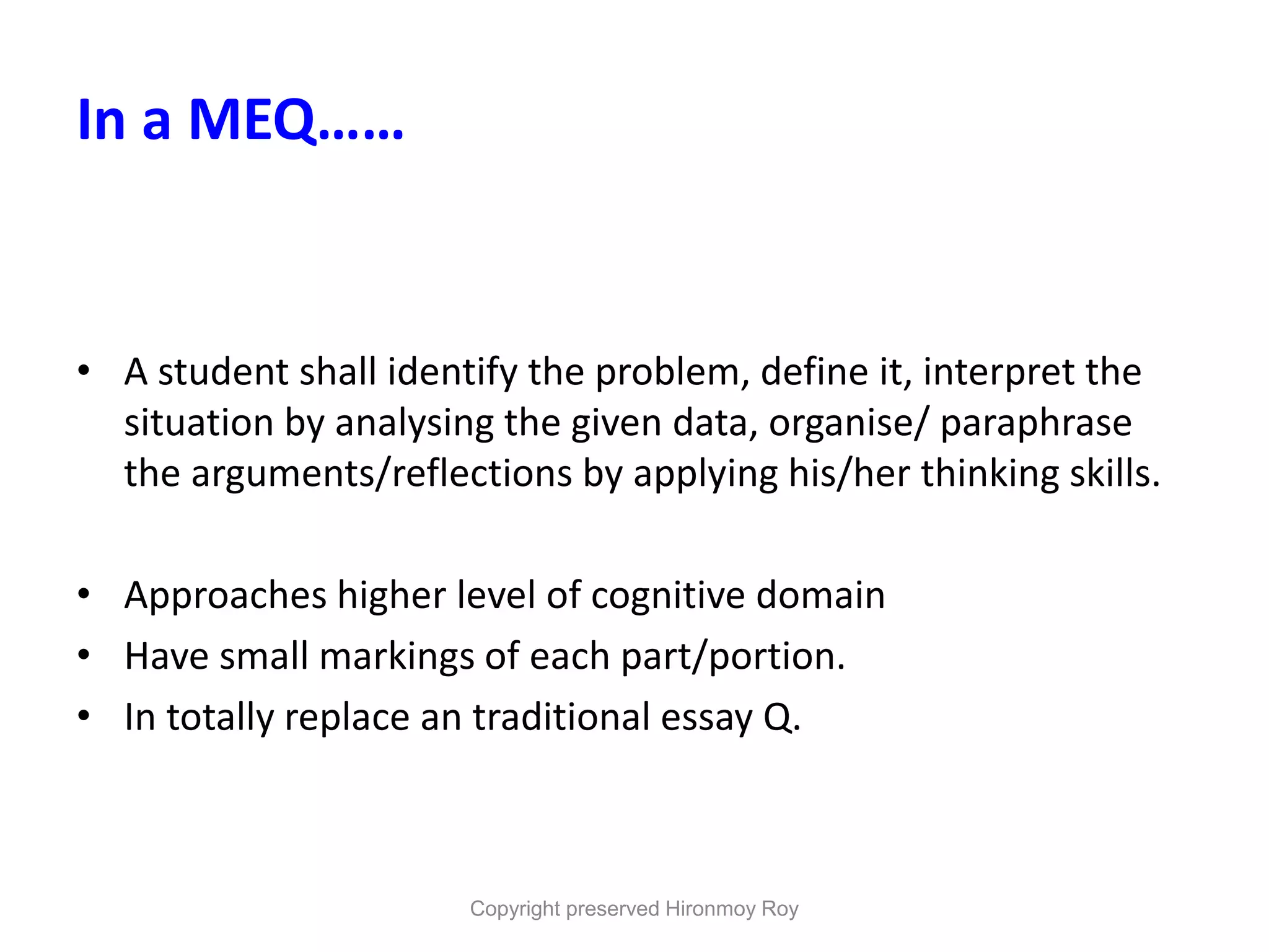 ASSESSMENT -PLANNING, QUALITY ASSURANCE, MEQ, SAQ, MCQ | PPT
