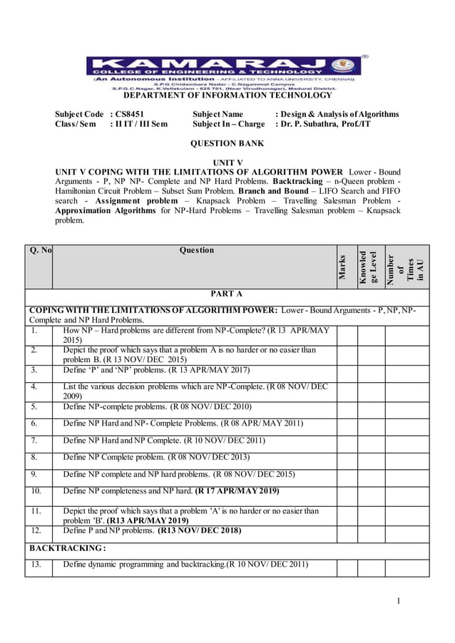 5. cs8451 daa anna univ question bank unit 5 | DOC | Computing ...