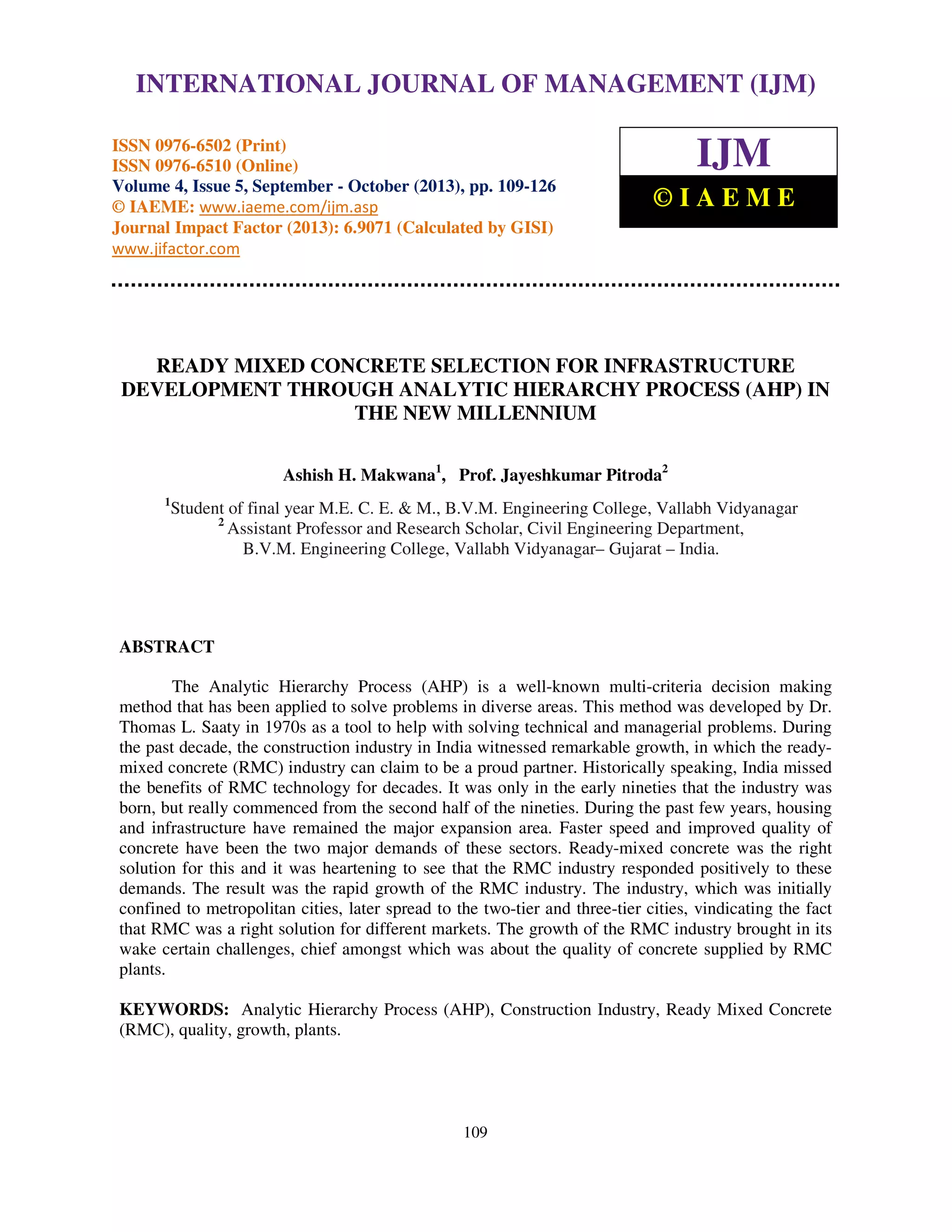 READY MIXED CONCRETE SELECTION FOR INFRASTRUCTURE DEVELOPMENT THROUGH ANALYTIC HIERARCHY PROCESS ...