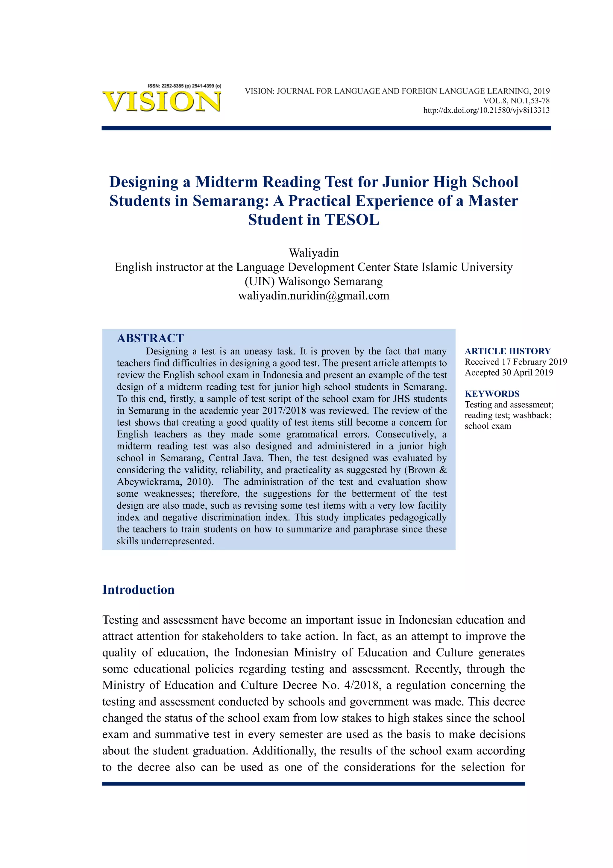 Designing a Midterm Reading Test for Junior High School Students in ...