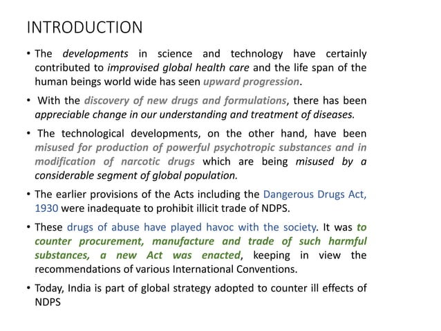 The narcotic drugs and psychotropic substances (NDPS) act, 1985 and rules, 1985 | PPTX | Illegal ...