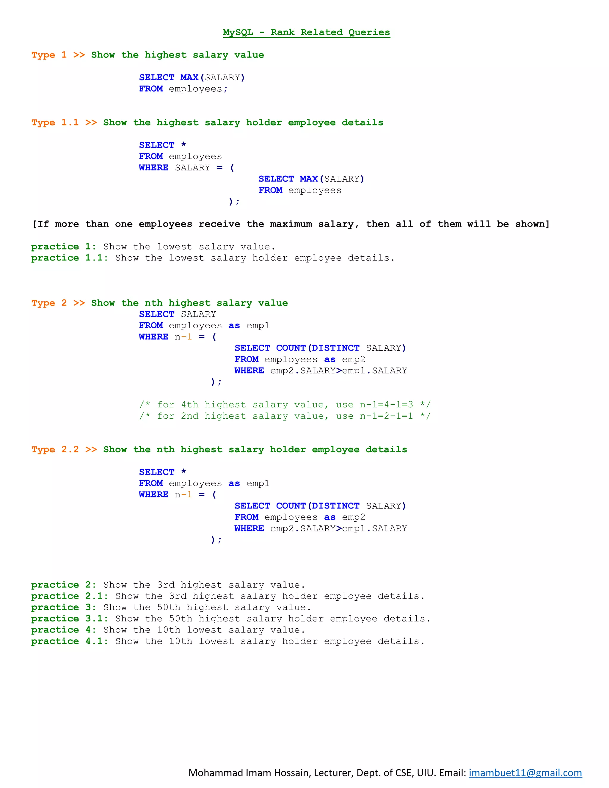 DBMS 6 | MySQL Practice List - Rank Related Queries | PDF | Databases | Computer Software and ...