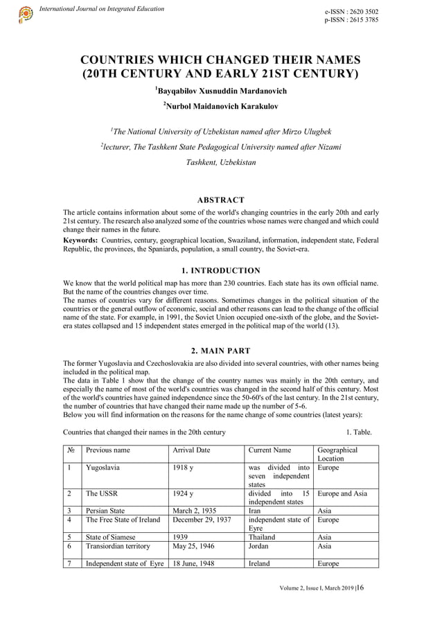 COUNTRIES WHICH CHANGED THEIR NAMES (20TH CENTURY AND EARLY 21ST ...