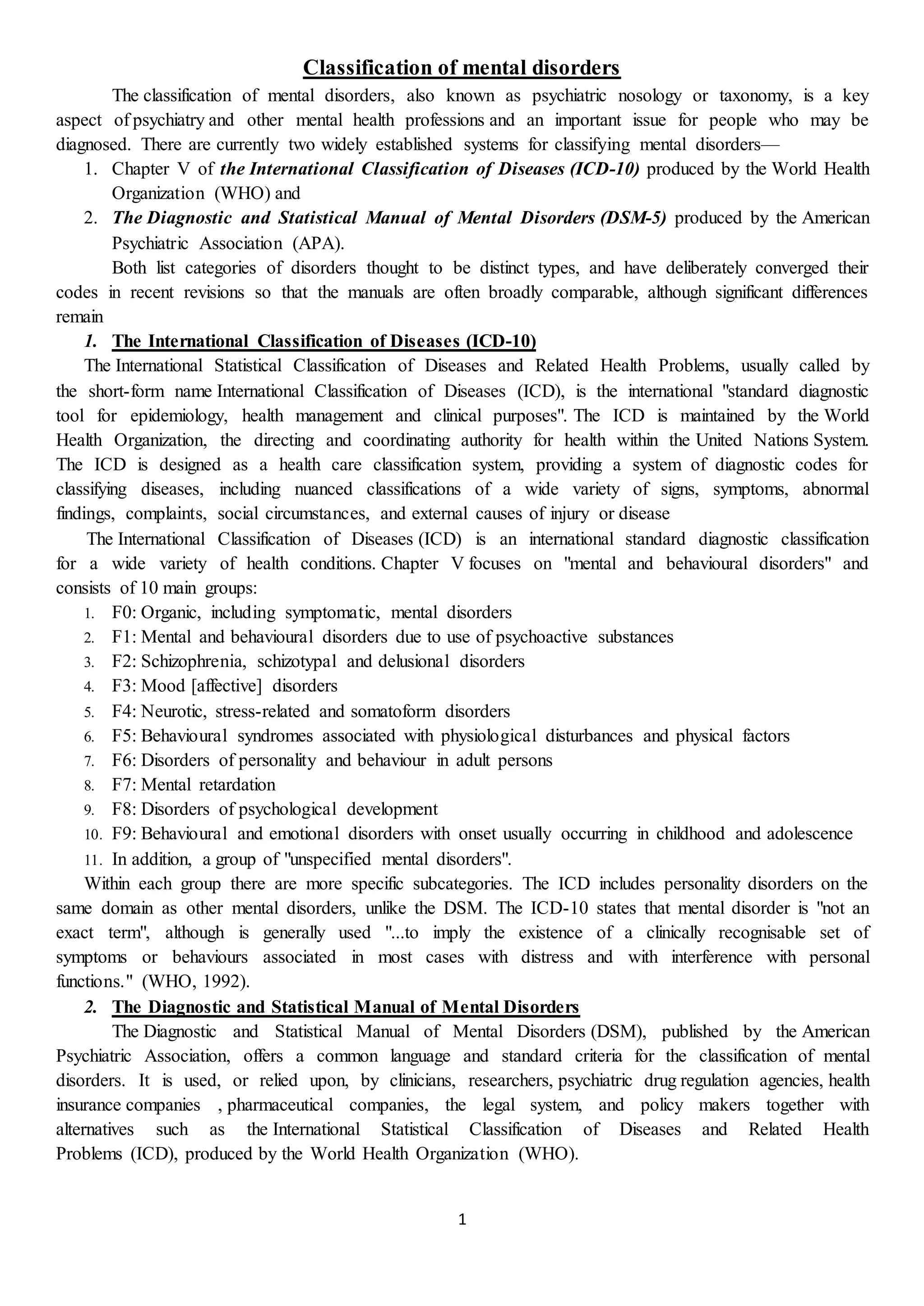 Classification of mental disorders | DOCX