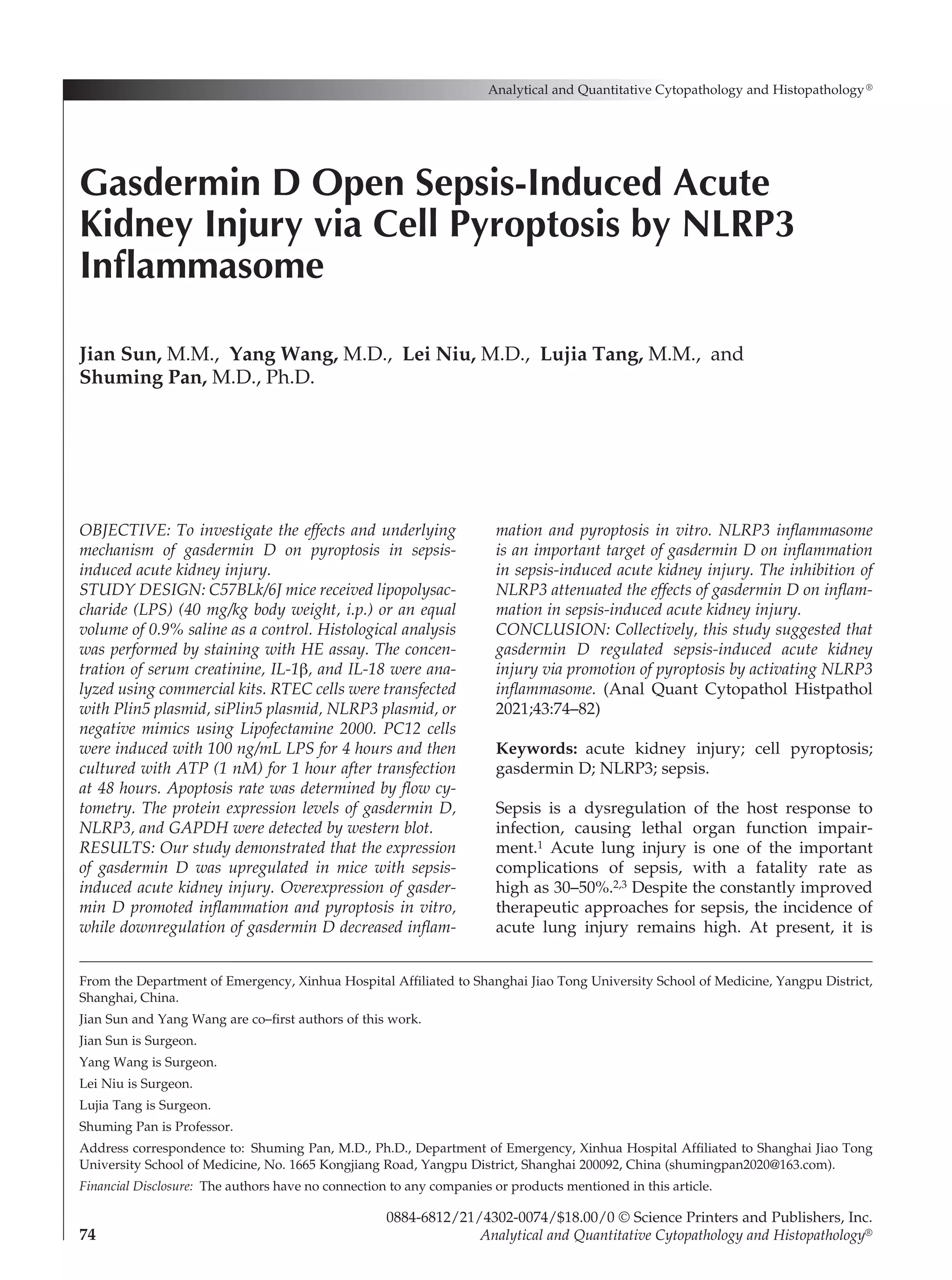 Gasdermin D Open Sepsis-Induced Acute Kidney Injury via Cell Pyroptosis ...