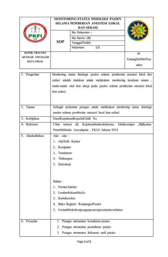 5. sop monitoring status fisiologi pasien selama pemberian anestesi ...