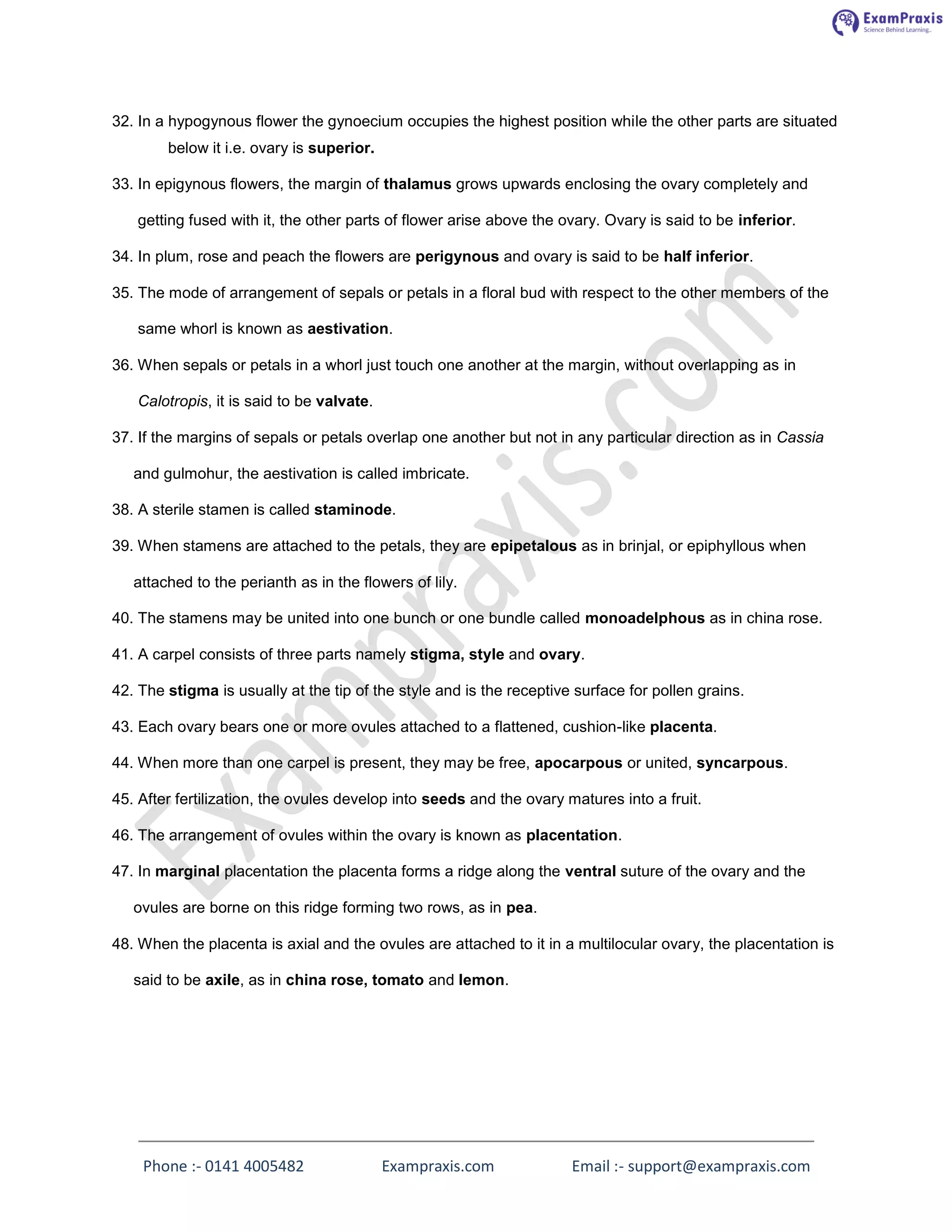 Morphology of Flowering Plants, Important Notes-ExamPraxis | PDF