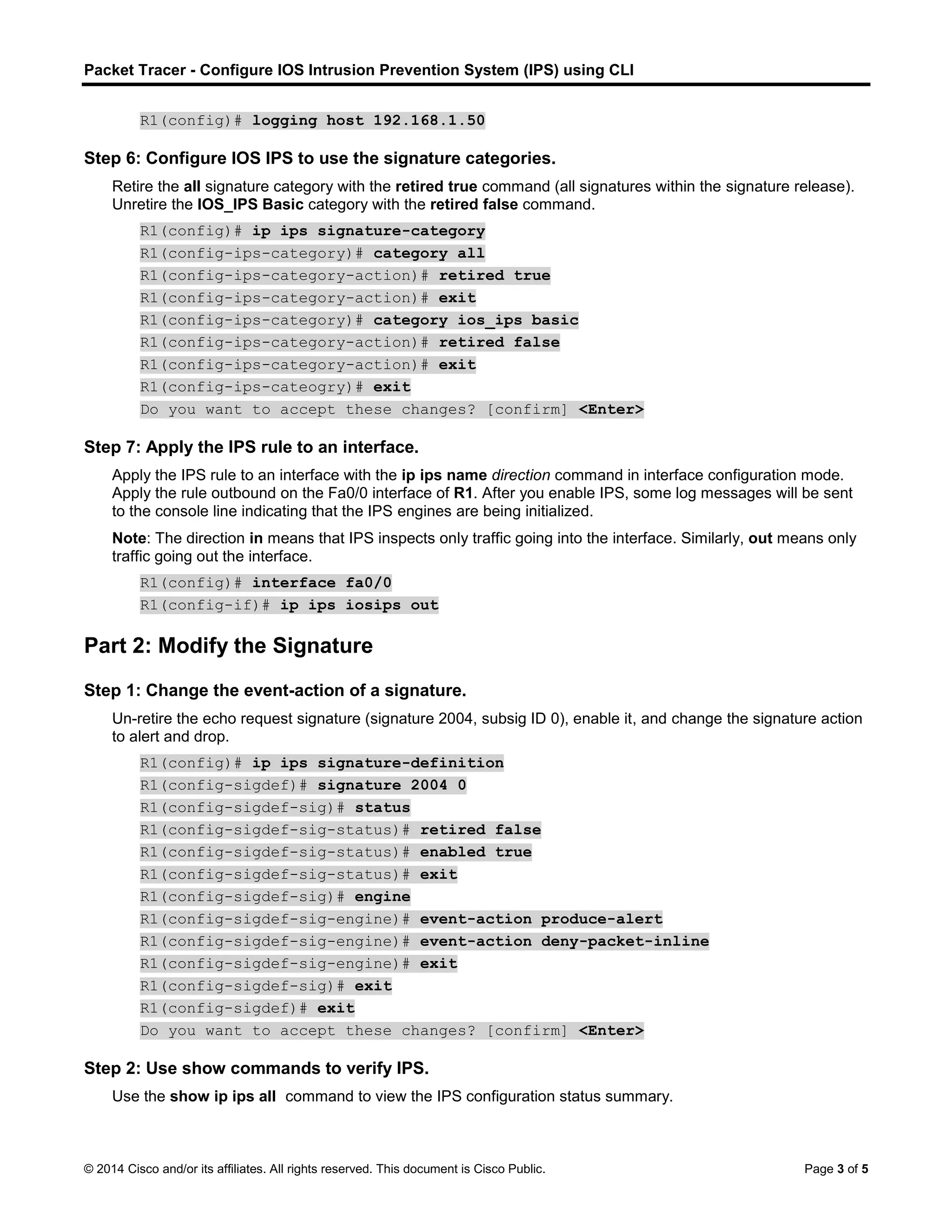 5.5.1.2 packet tracer configure ios intrusion prevention system (ips) using cli instructor | PDF