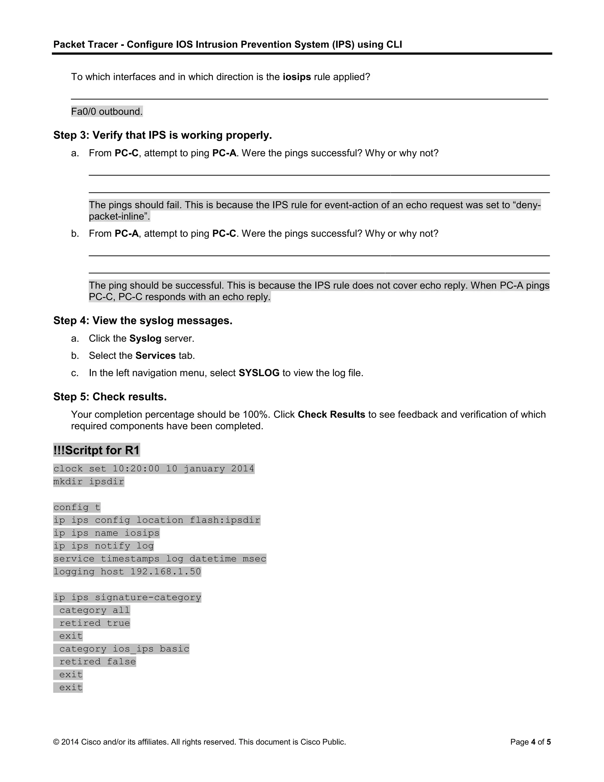 5.5.1.2 packet tracer configure ios intrusion prevention system (ips) using cli instructor | PDF