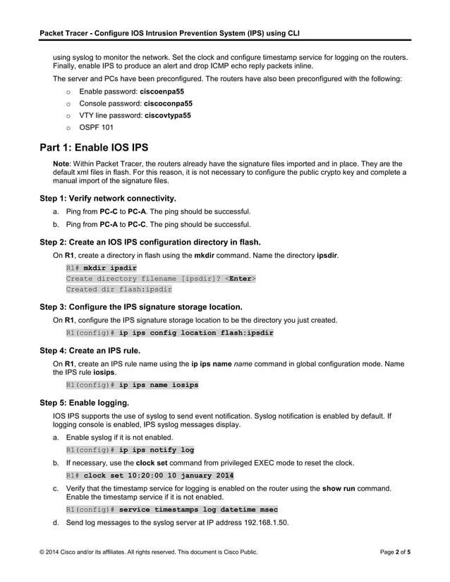 5.5.1.2 packet tracer configure ios intrusion prevention system (ips) using cli instructor | PDF ...
