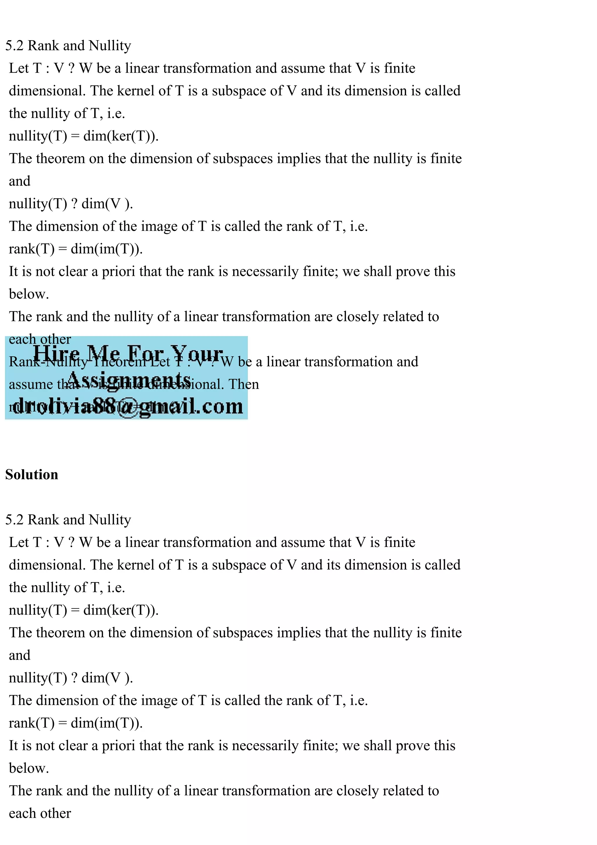 5.2 Rank and Nullity Let T V W be a linear transformation and .pdf