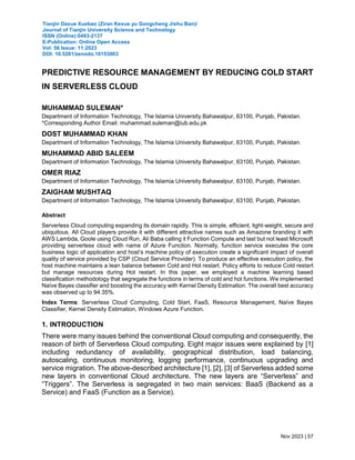 PREDICTIVE RESOURCE MANAGEMENT BY REDUCING COLD START IN SERVERLESS ...