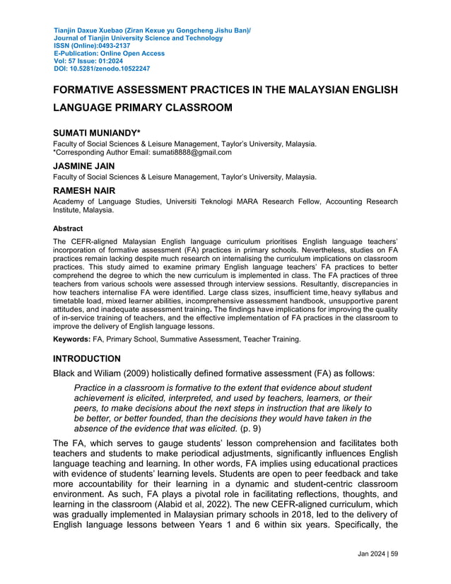 FORMATIVE ASSESSMENT PRACTICES IN THE MALAYSIAN ENGLISH LANGUAGE PRIMARY CLASSROOM | PDF
