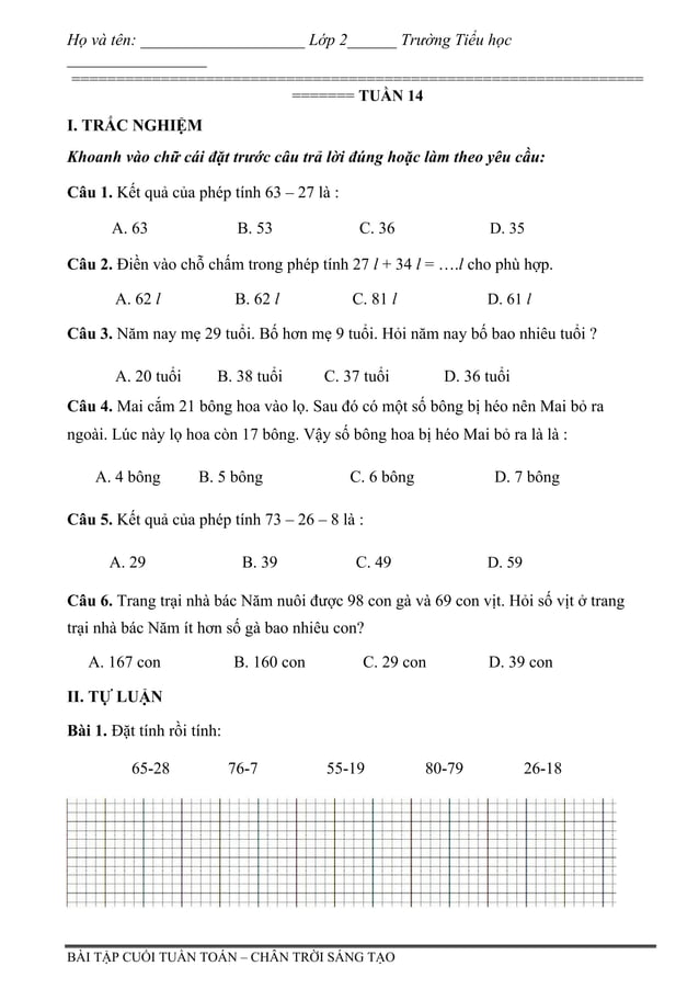 5. PHIẾU CUỐI TUẦN TOÁN 2 - CTST ( Cô Nam ).docx