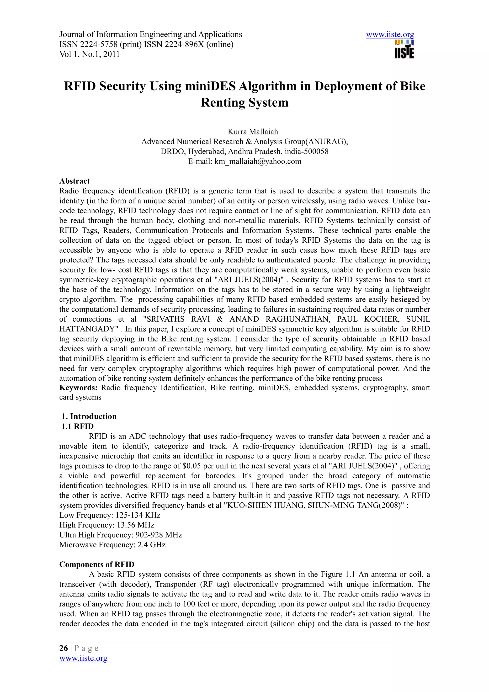 5.[26 35] rfid security using mini des algorithm in deployment of bike ...