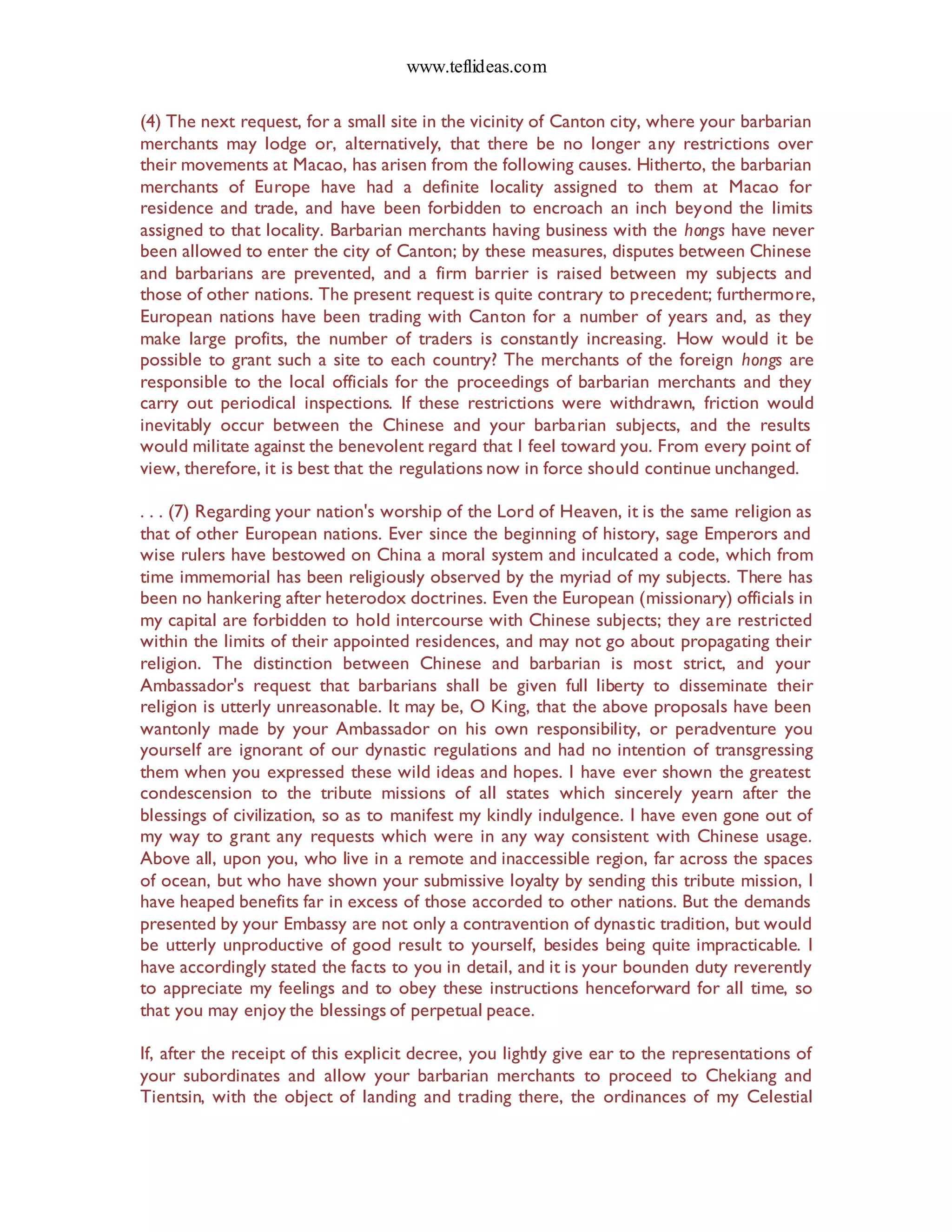 5. Emperor Qianlong's Letter to King George III | PDF
