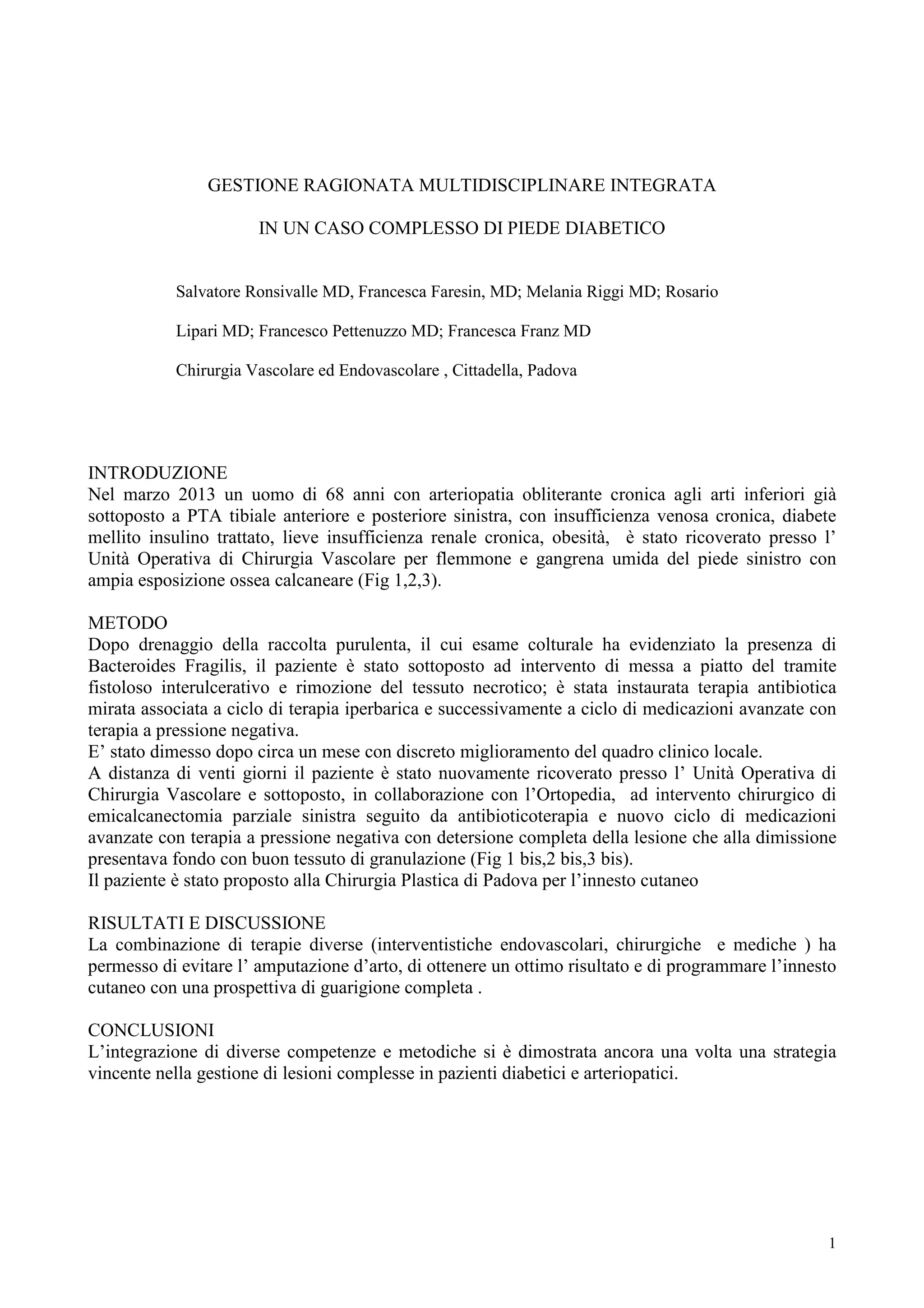 Gestione Multidisciplinare Integrata In Un Caso Complesso Di Piede ...