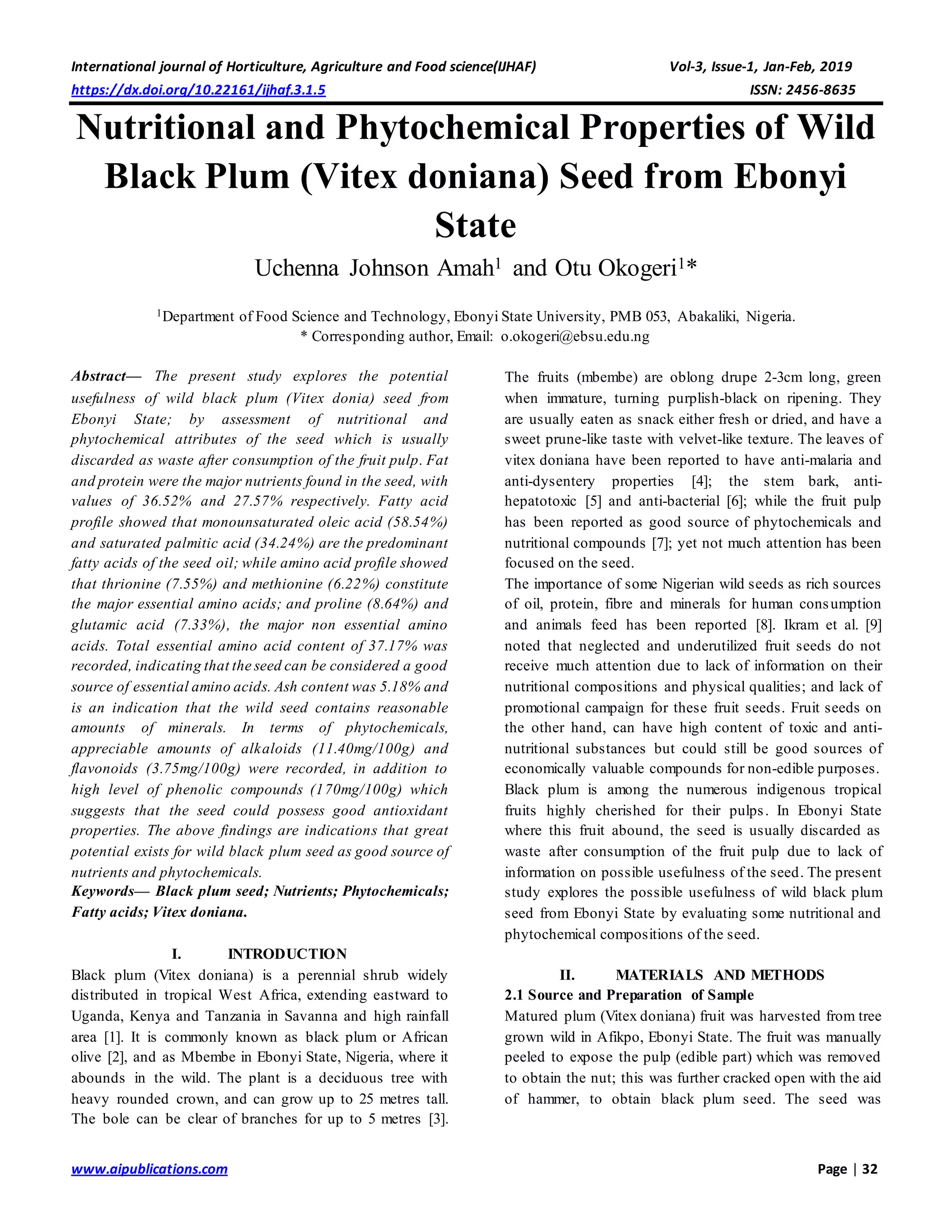 Nutritional and Phytochemical Properties of Wild Black Plum (Vitex ...