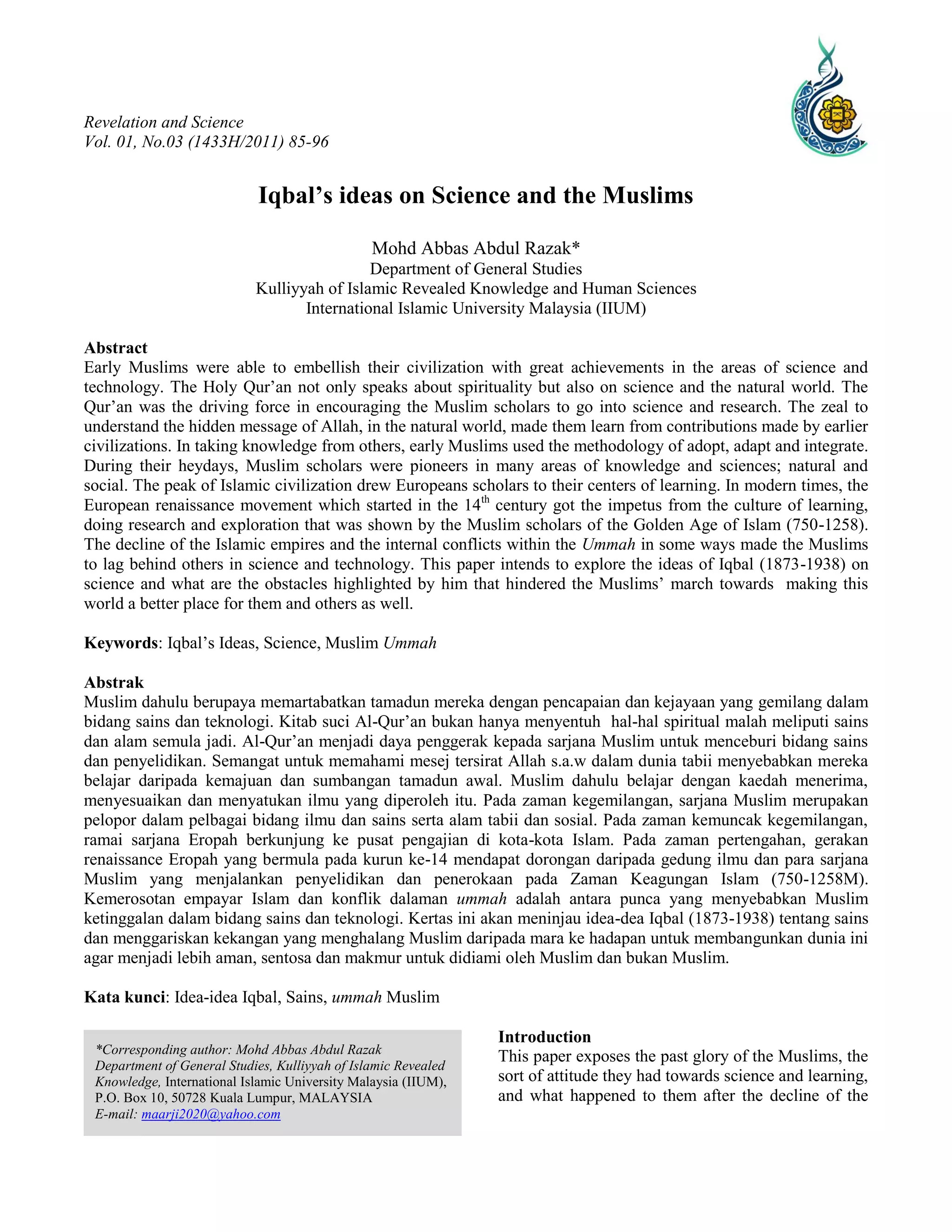 Iqbal’s ideas on Science and the Muslims | PDF