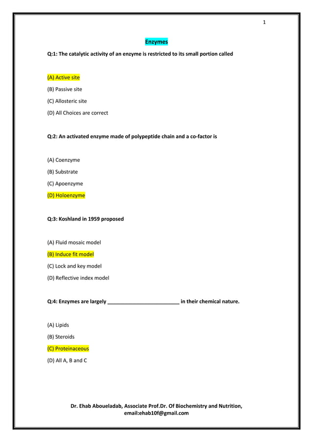 5 mcq 1-enzymes | PDF | Chemistry | Science
