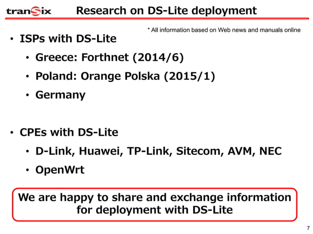 Deployment with Dual Stack Lite and lesson learned about CPEs for IPv6 network | PPT