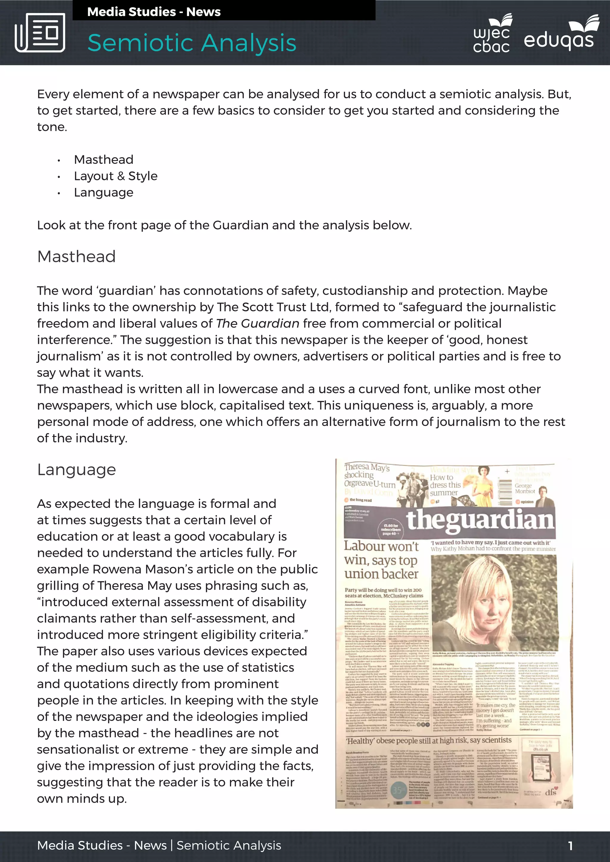 Newspaper print-resource-front-cover-semiotic-analysis | PDF