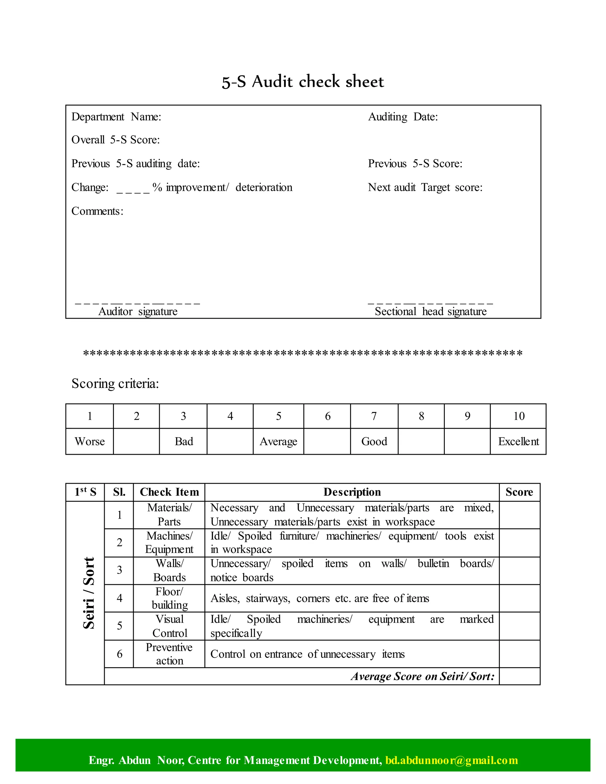 5-S audit check sheet with scoring, presented at BSTQM | DOCX