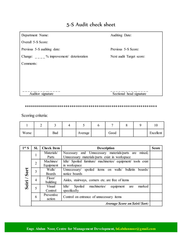 5-S audit check sheet with scoring, presented at BSTQM | DOCX