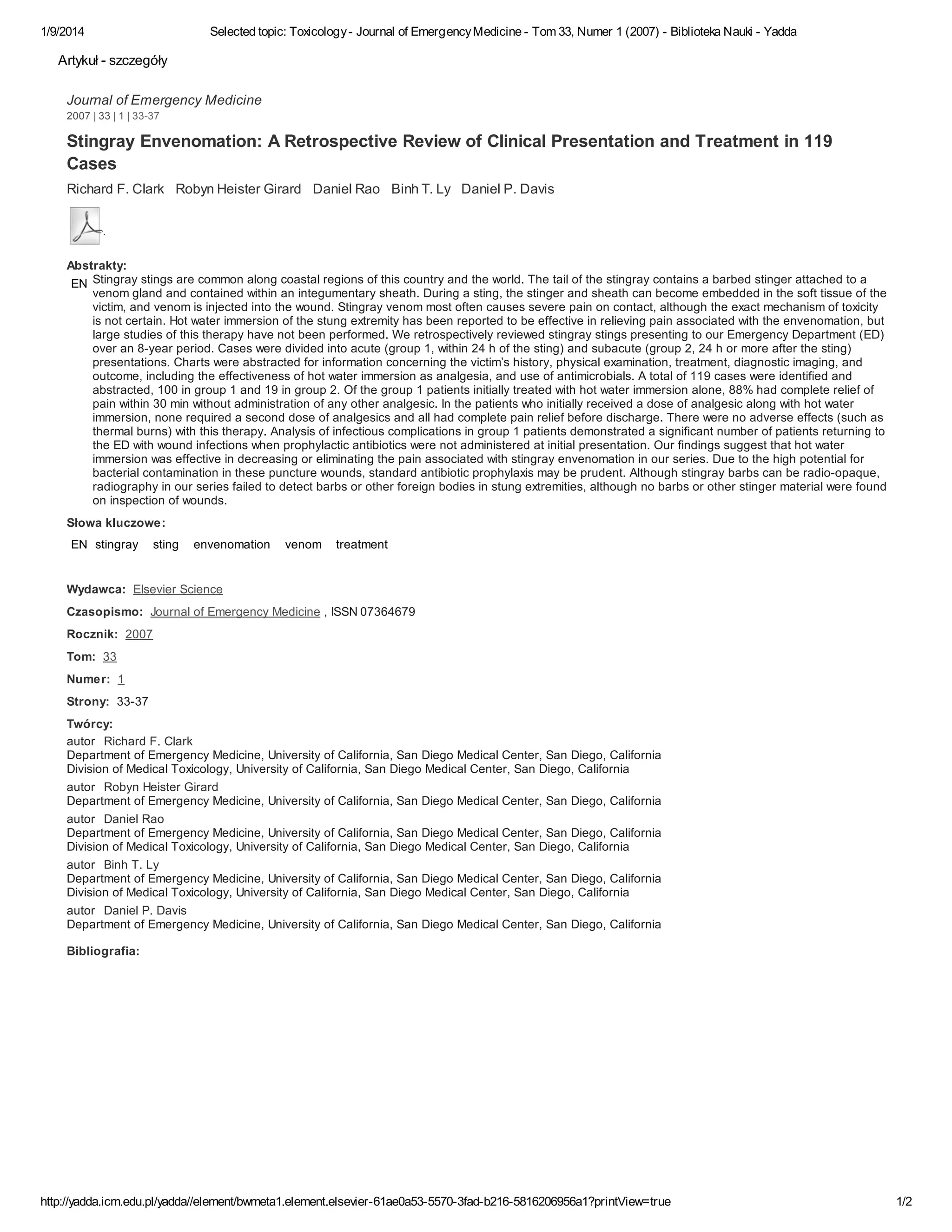 5 stingray envenomation- a retrospective review of clinical ...