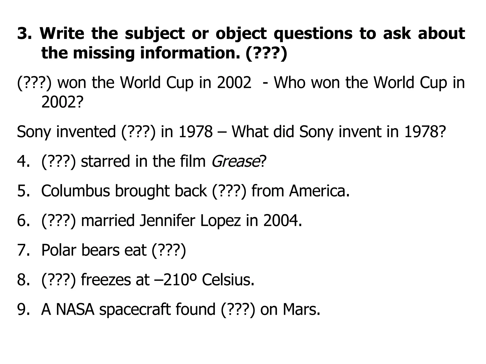 Subject and Object Questions 1 | PPT