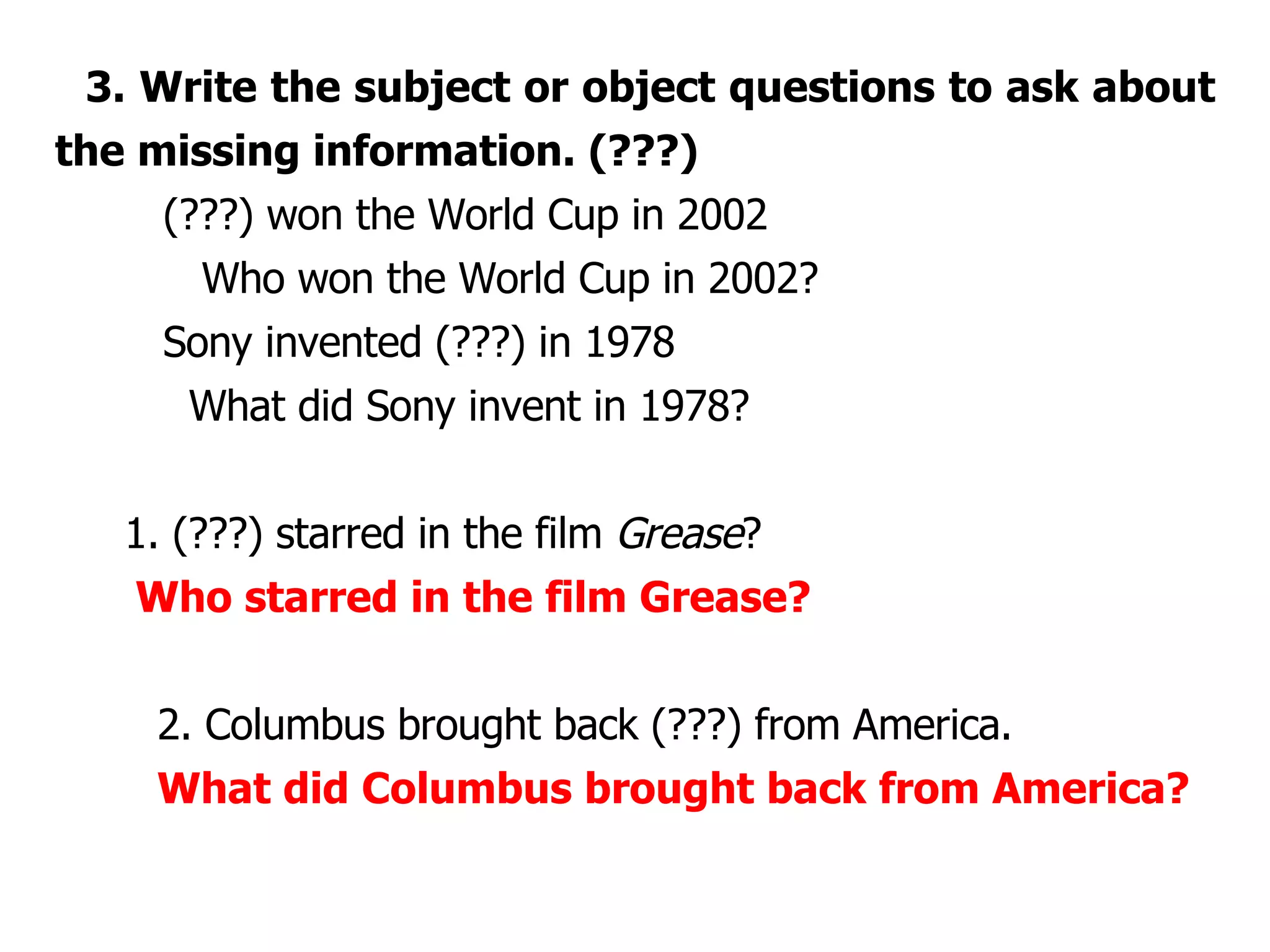 Subject and Object Questions 1 | PPT