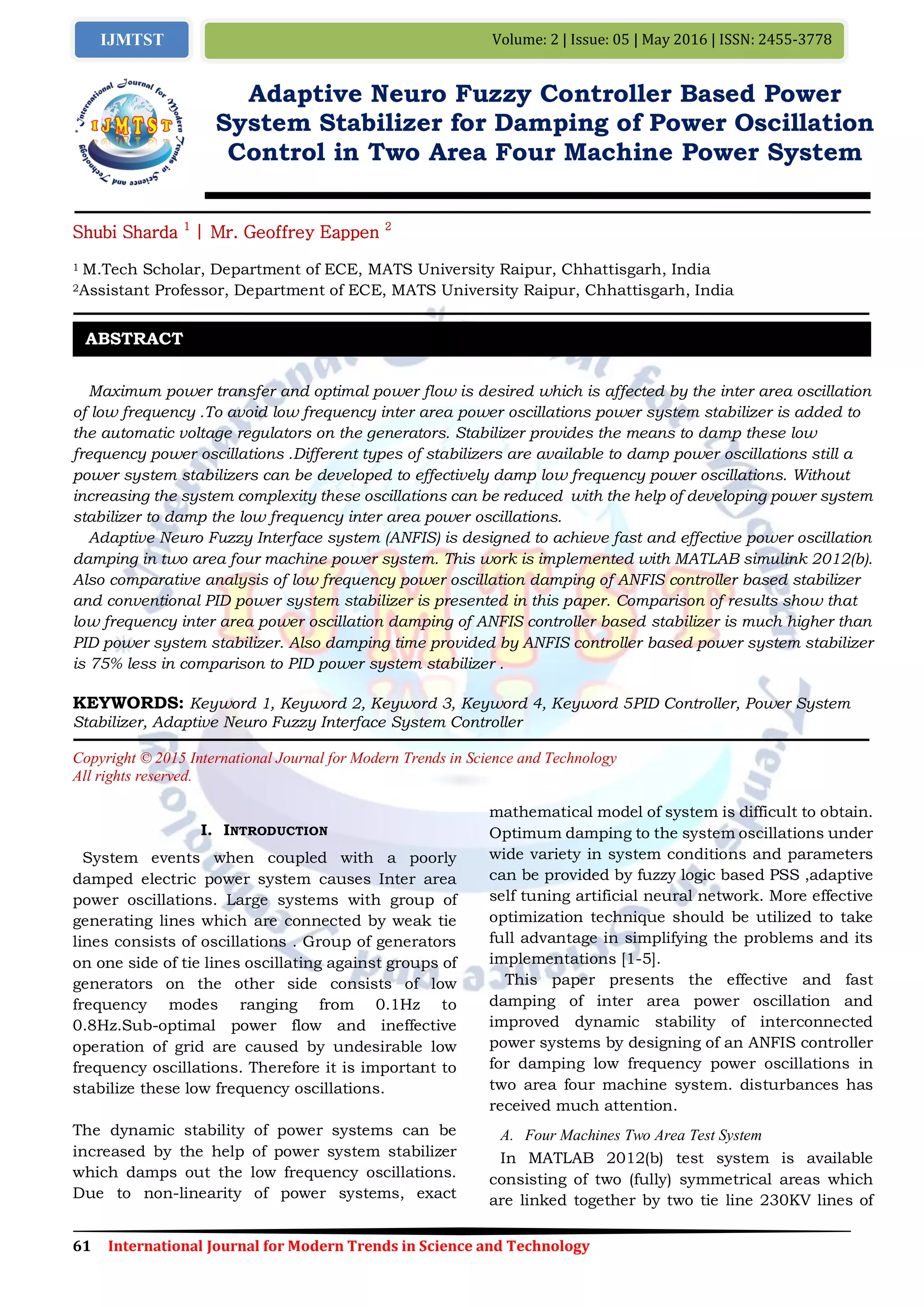 Adaptive Neuro Fuzzy Controller Based Power System Stabilizer for Damping of Power Oscillation ...