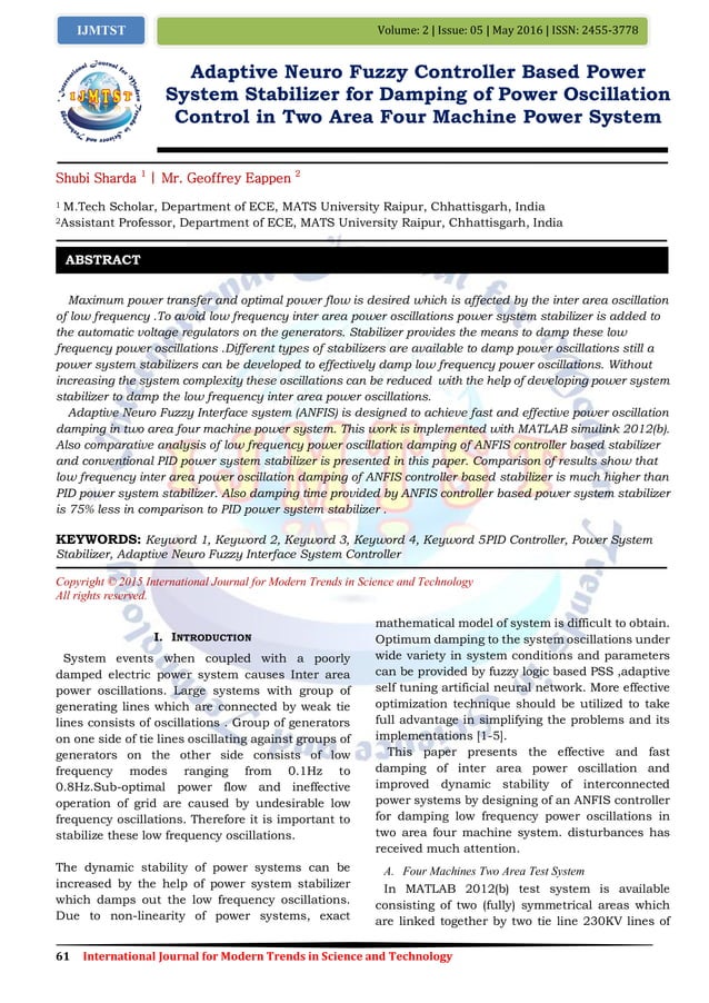 Adaptive Neuro Fuzzy Controller Based Power System Stabilizer for Damping of Power Oscillation ...