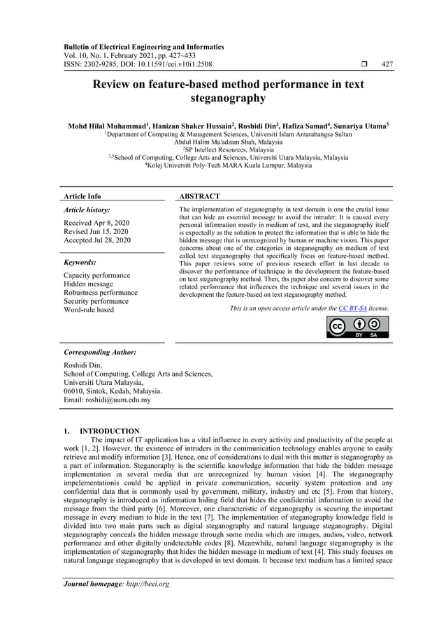 Review on feature-based method performance in text steganography | PDF