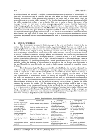 Review on feature-based method performance in text steganography | PDF