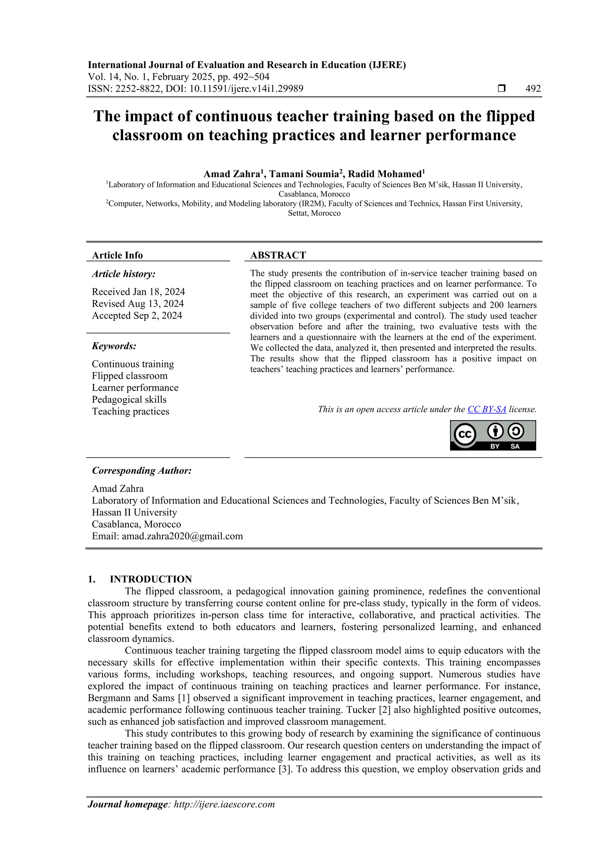 The impact of continuous teacher training based on the flipped ...