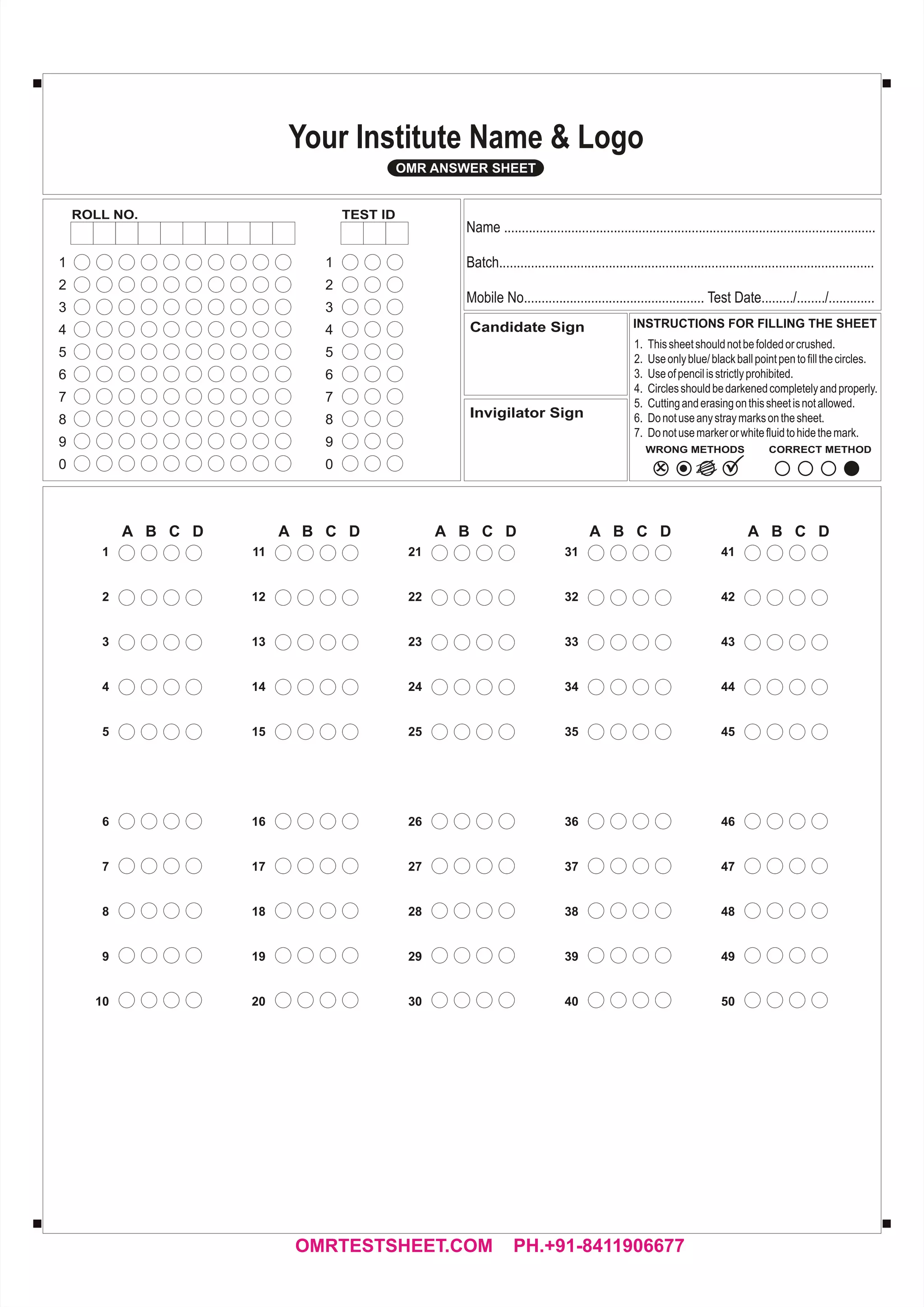 75 Question Answer Sheet