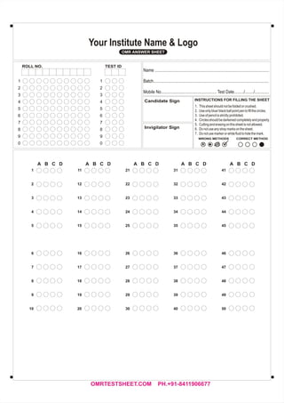 100 Questions OMR Sheet PDF, 50% OFF