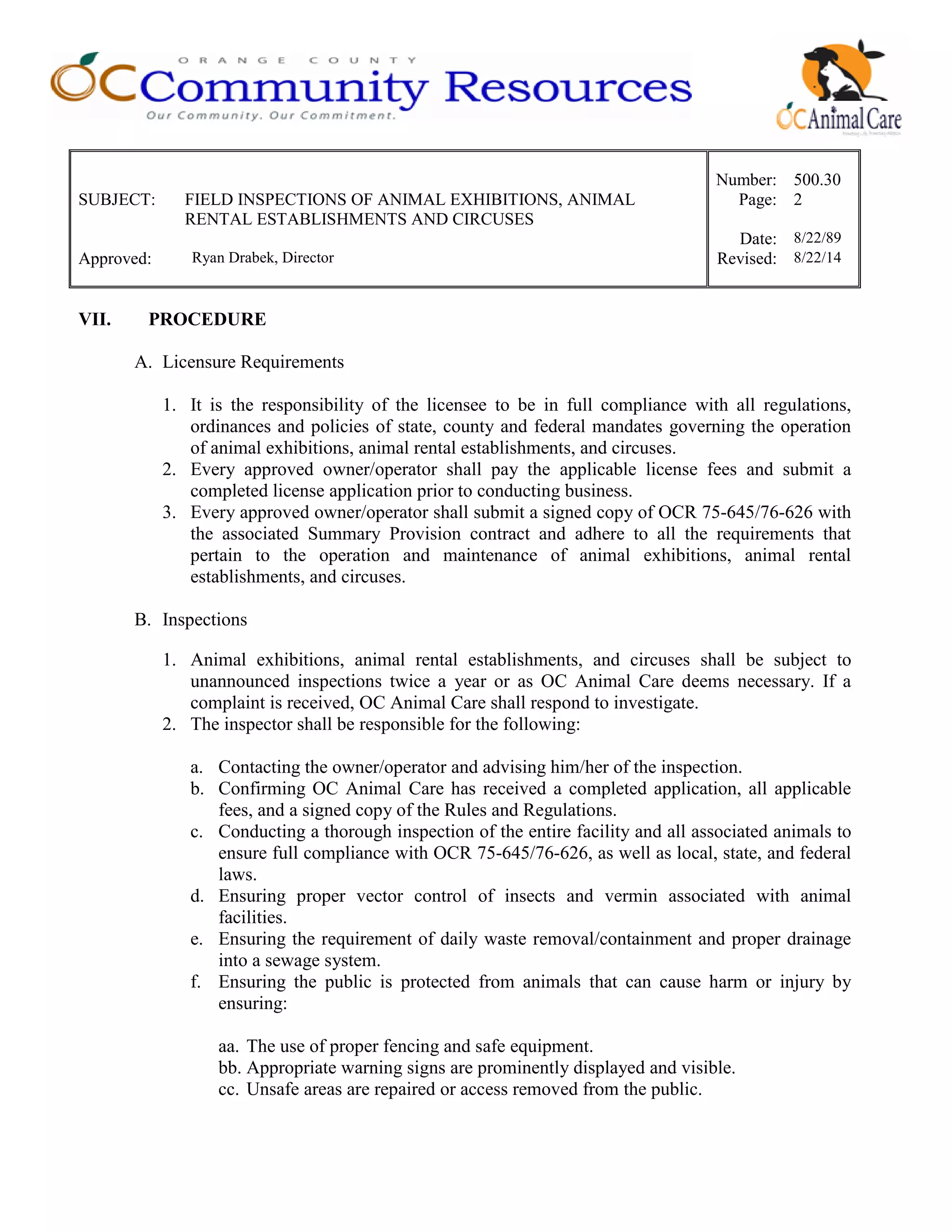 500.30 field inspections of animal exhibitions animal rental ...